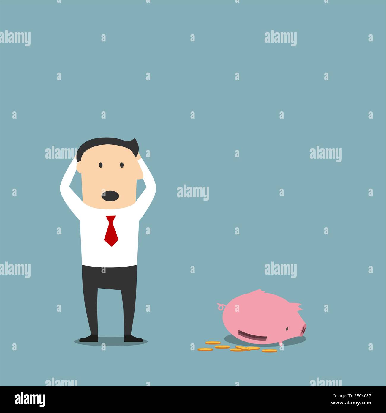 Frustrated cartoon bankrupt businessman is standing with empty piggy ...
