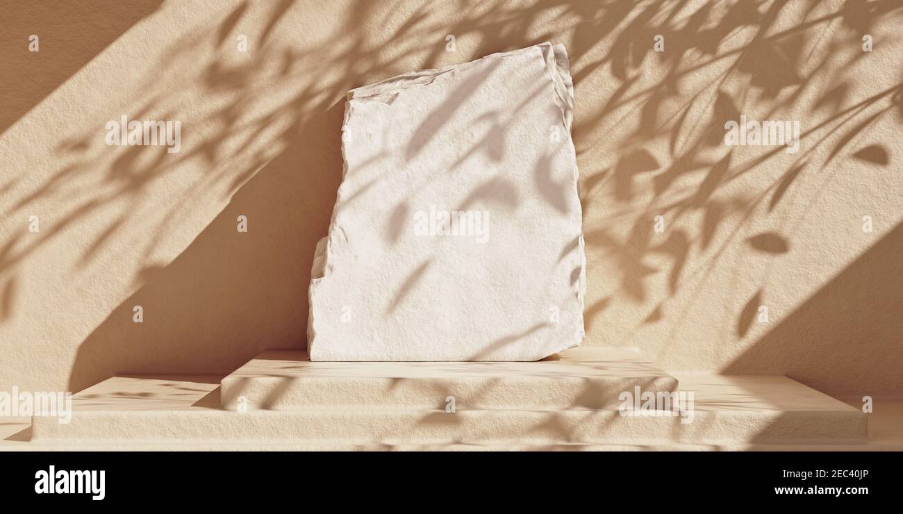 White stone plate product podium on beige concrete background with leaf ...