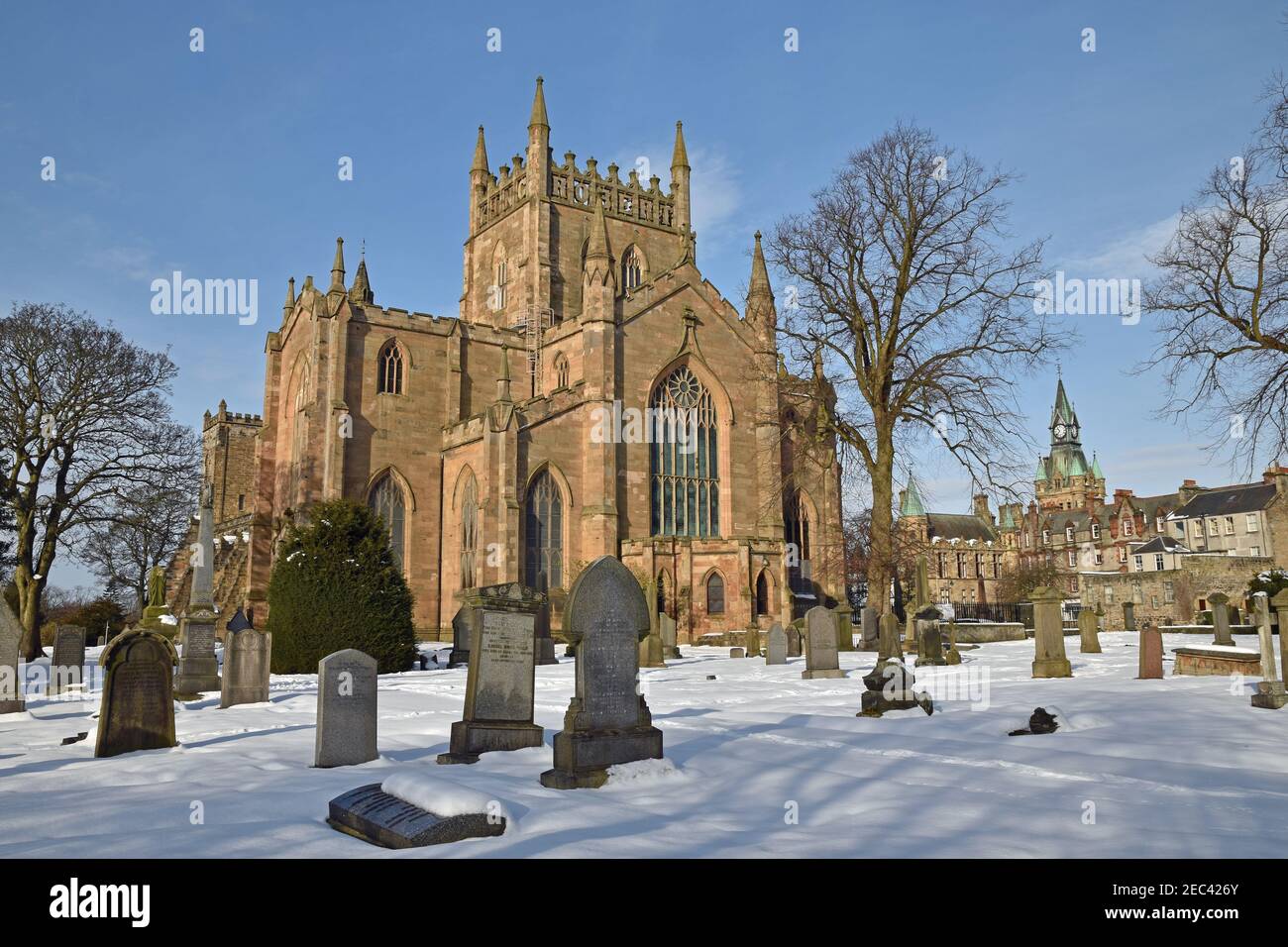 Historic Dunfermline Abbey in Fife Scotland. Winter scene with snow on ...