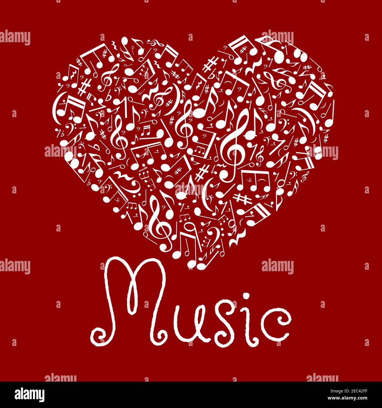 Musical notes and various marks arranged into bright red loving heart ...
