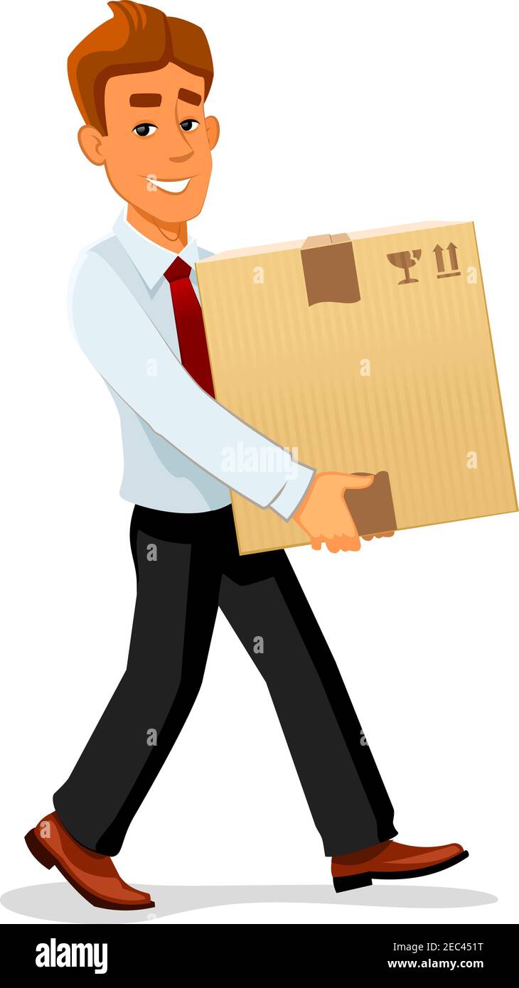 Cheerful smiling cartoon delivery man character is carrying a bulky ...
