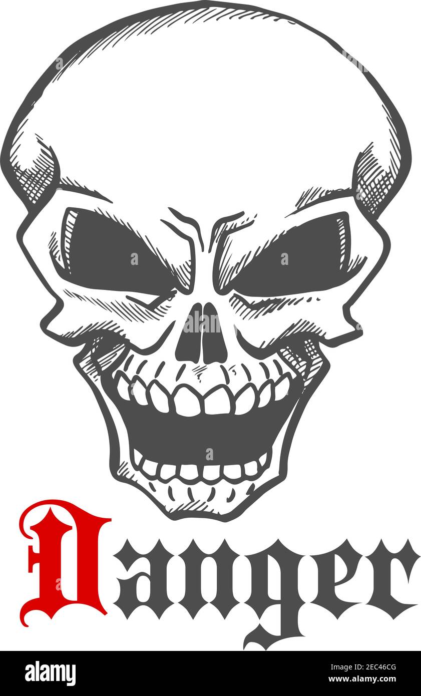 Hellish grin of dangerous human skull sketch drawing for tattoo or t ...