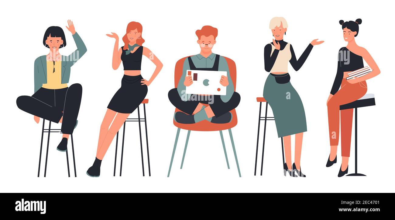 People sitting on chairs vector illustration set. Cartoon friend ...