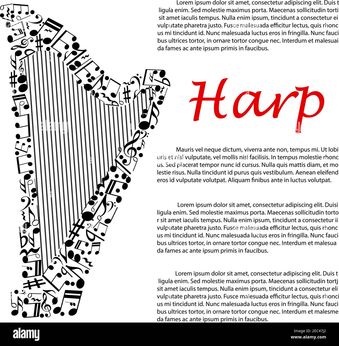 Modern concert harp symbol composed of musical notes and key signatures ...