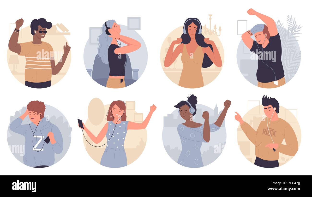 People listen music, enjoy sound vector illustration set. Cartoon young ...