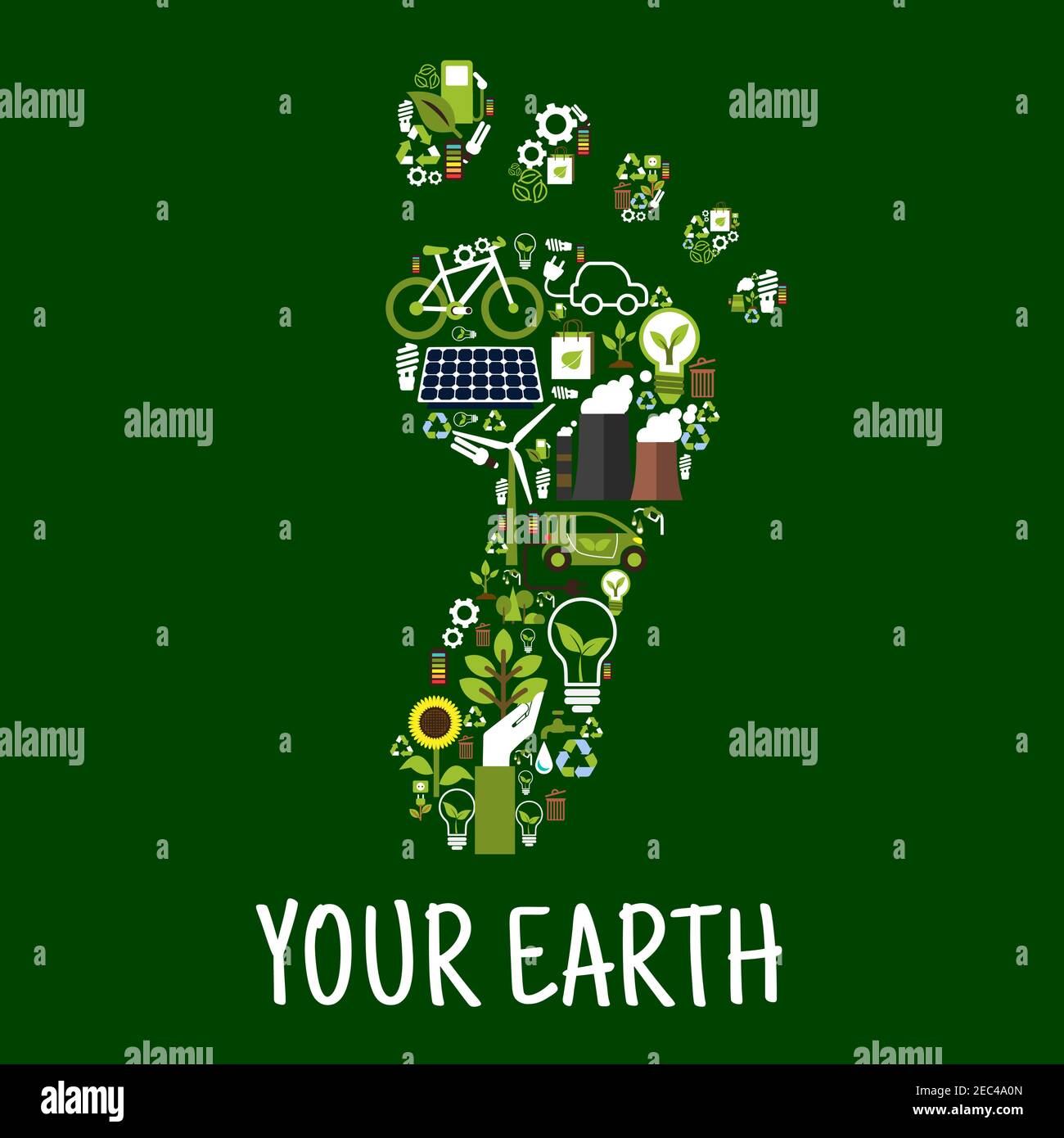 Go green concept symbol of footprint with flat icons of saving energy ...