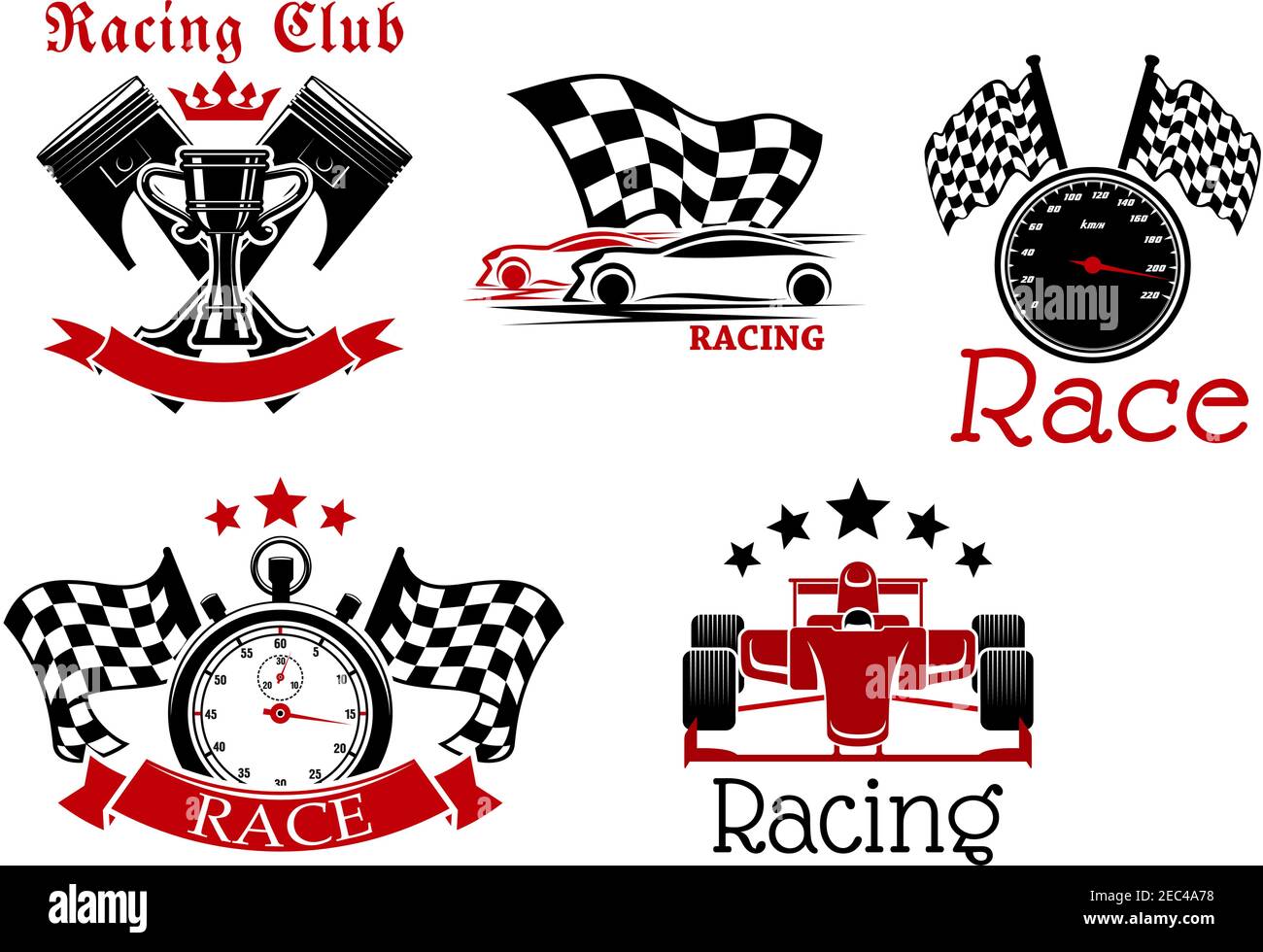 Sporting racing cars, speedometer and stopwatch with racing flags ...