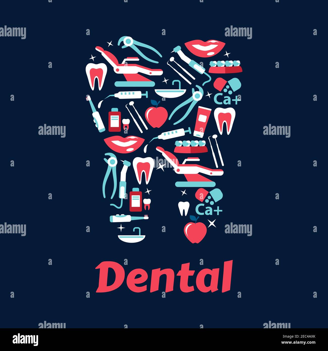 Dentistry flat icons in a shape of a tooth with dentist chairs and ...