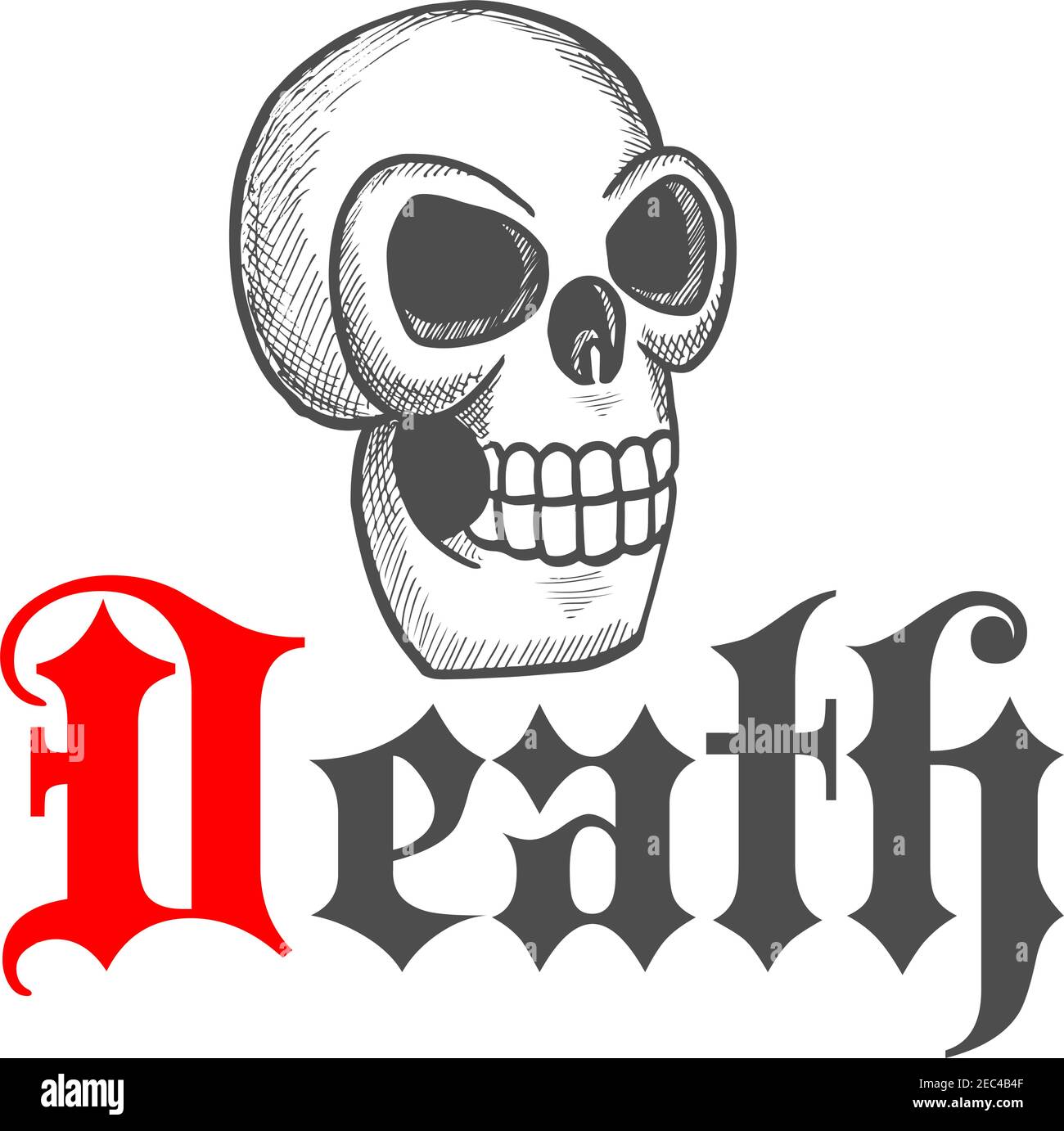 Sketched gothic skull icon with large eye sockets and destroyed nasal ...