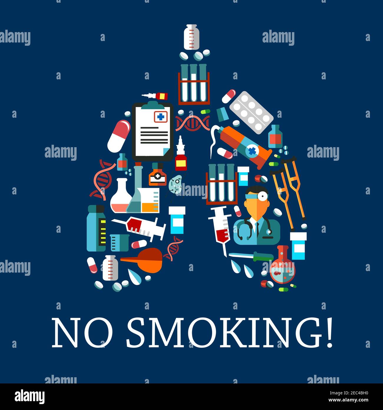 No smoking symbol with flat icons of doctor and medicine bottles, pills ...