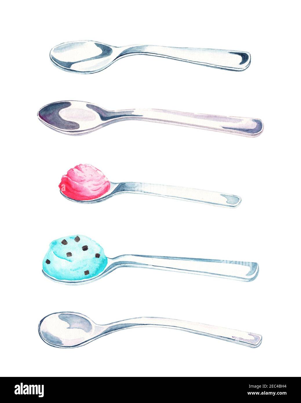 Shiny spoons watercolor illustration. Modern kitchenware metallic ...