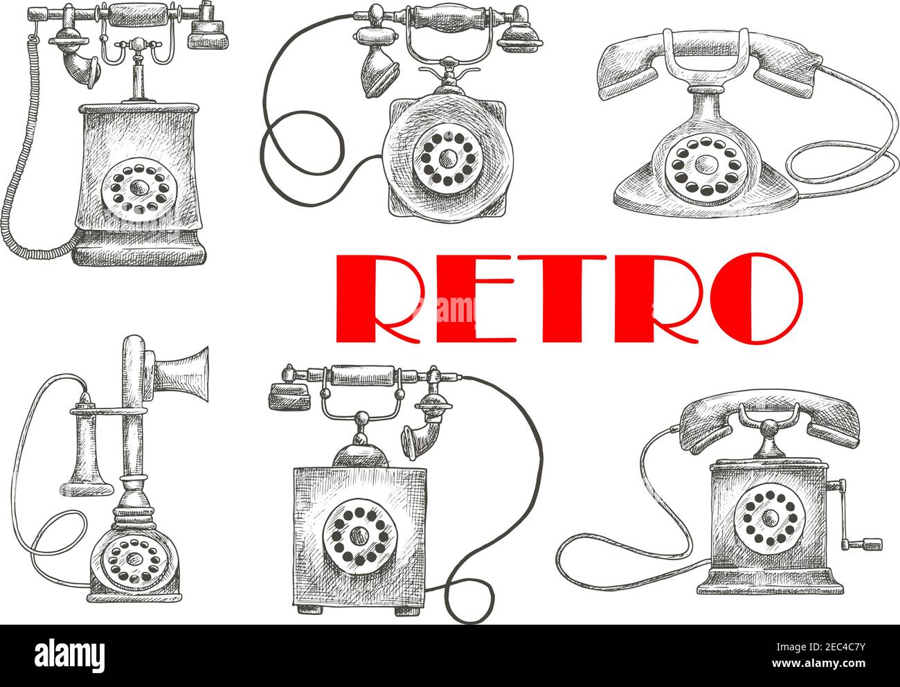 Old fashioned rotary dial telephones vintage engraving sketch ...