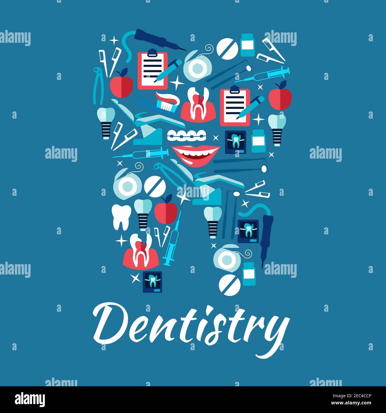 Dental care and dentistry flat icons in a shape of a tooth with dentist ...