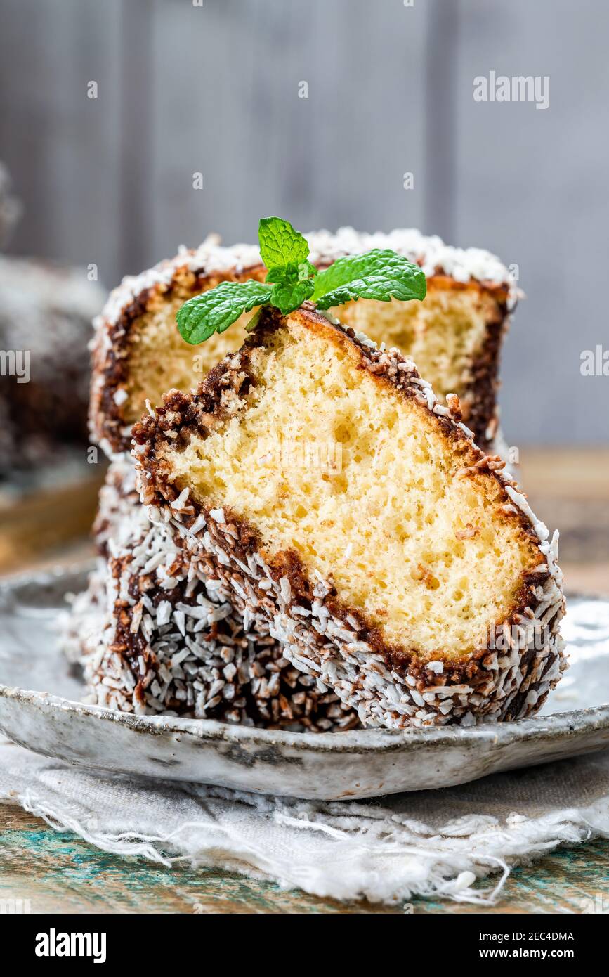 Lamington cake squares - traditional Australian sponge cakes coated ...