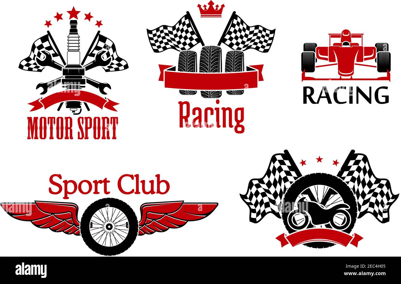 Winged wheel, tires with racing flags and motorcycle, open wheel race ...