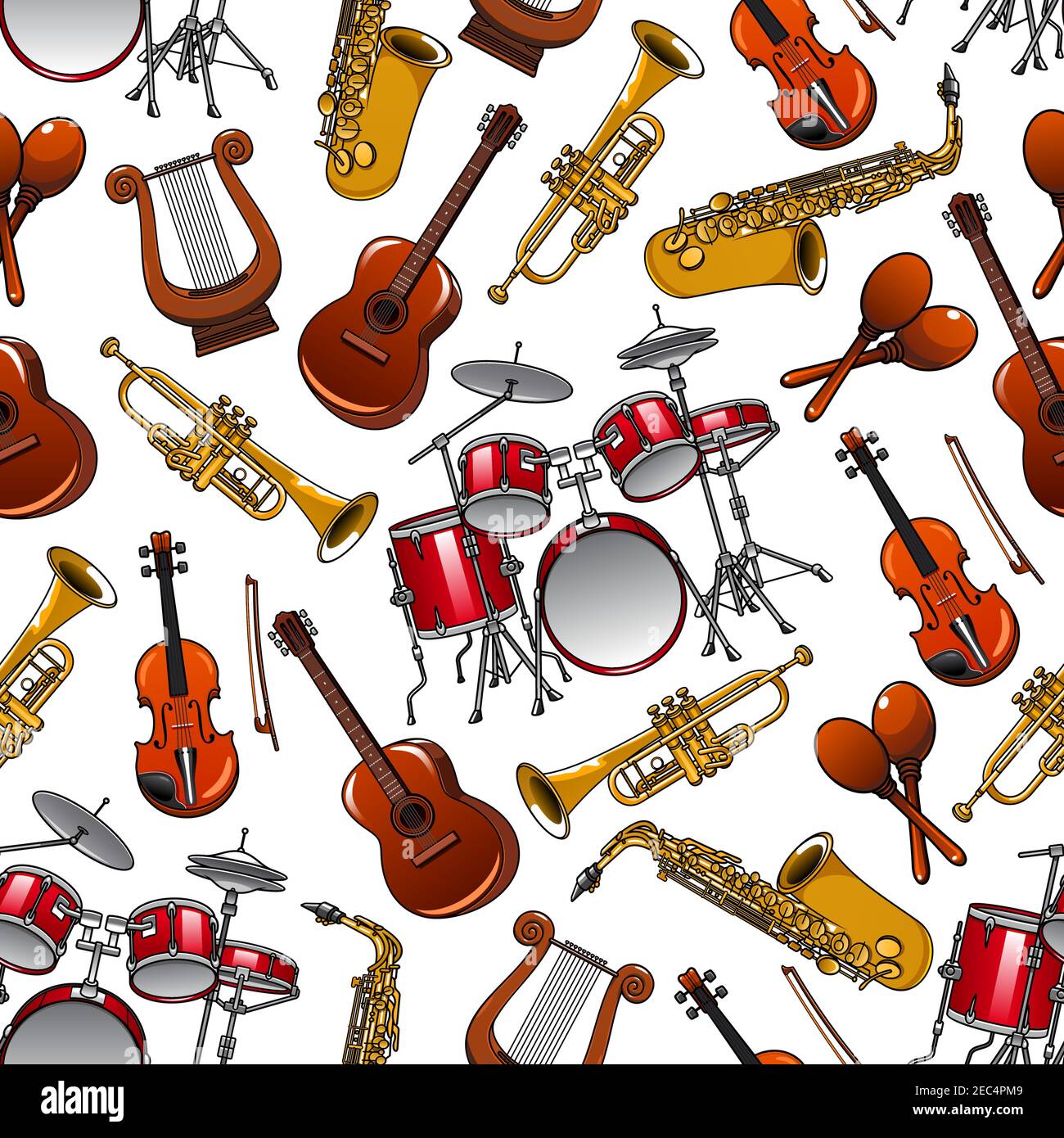 Cartoon shining brass trumpets and saxophones, orchestra drum sets ...