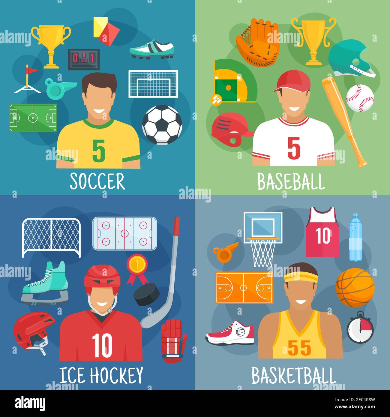 Soccer or football, baseball, ice hockey and basketball players icons ...