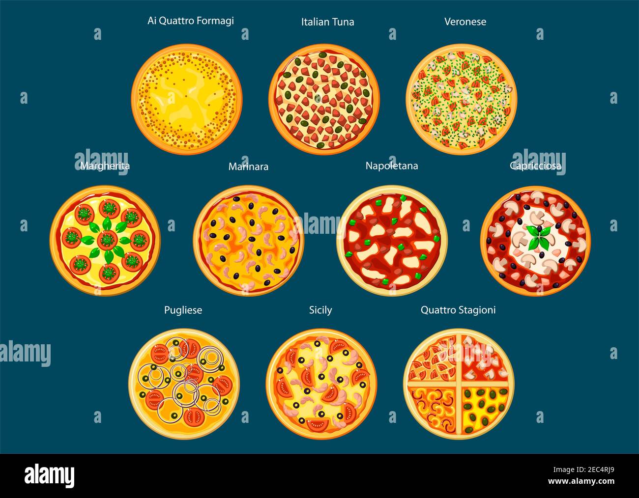 Different types of pizza flat icon with marinara, margherita ...
