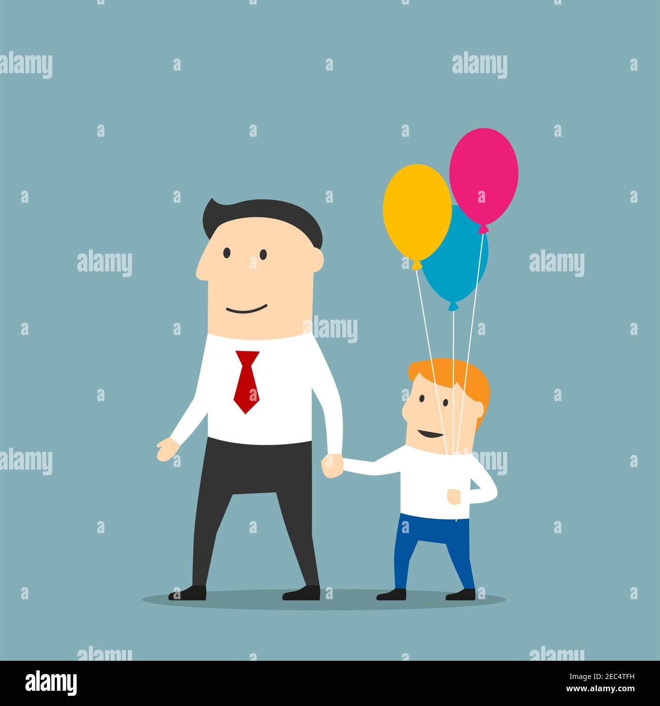 Cheerful father and son with bundle of balloons walking holding hands ...