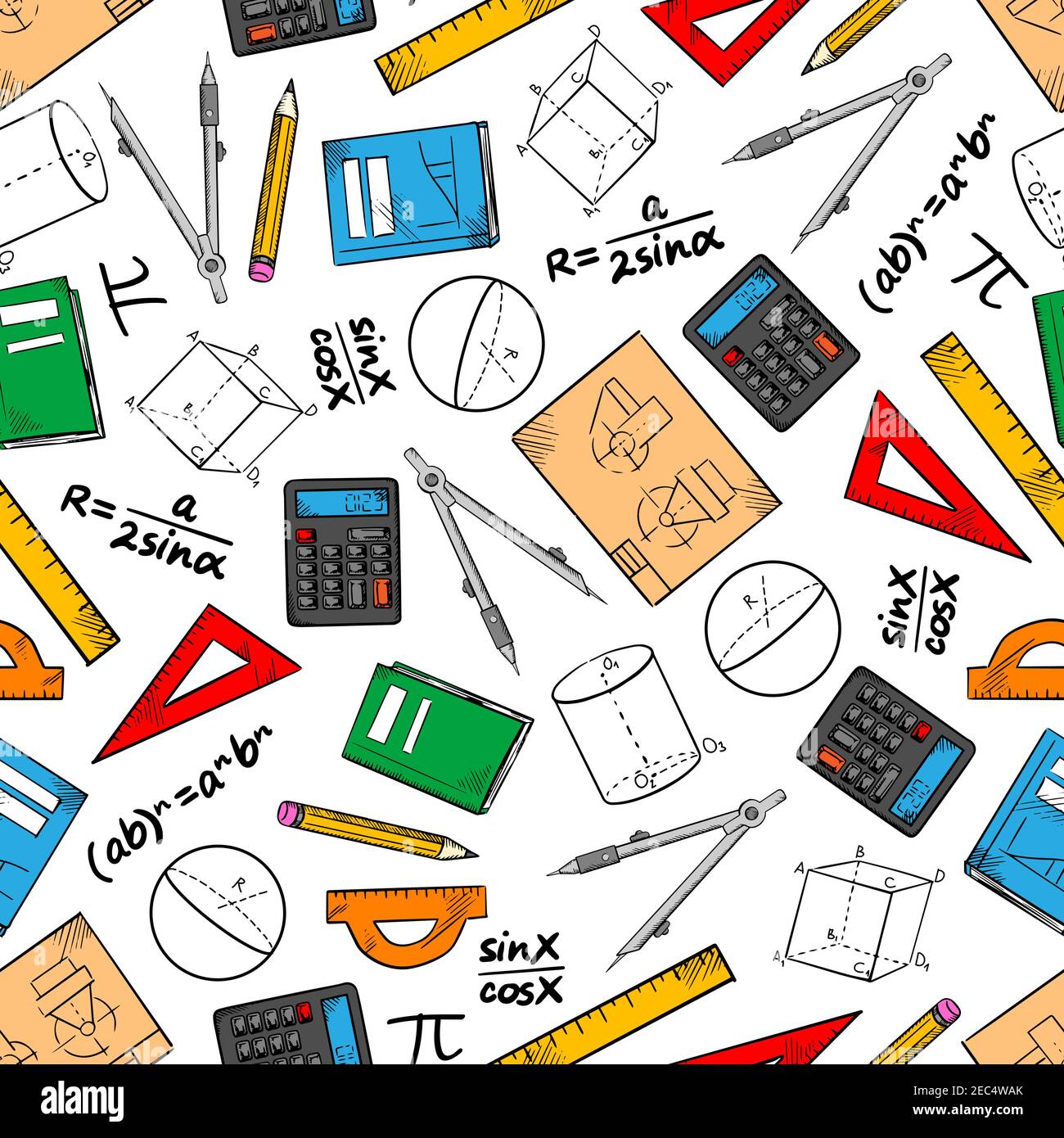 Mathematics seamless pattern of books and pencils, rulers, calculators ...