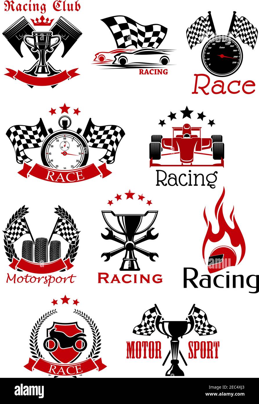 Motorsport icons and symbols with racing cars, motorcycle, trophy cups ...