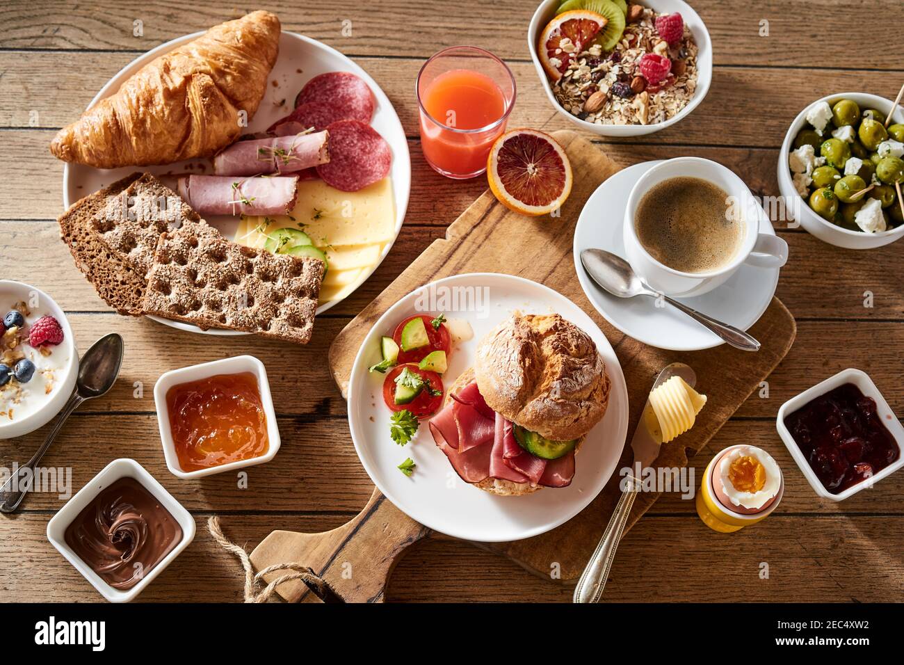 Menu concept for a delicious breakfast in a flat lay view with cereal ...