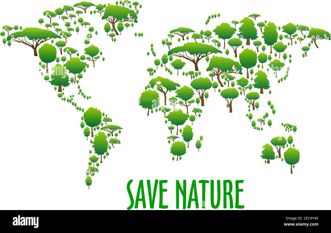 Abstract world map symbol made up of green trees and bushes icons with ...