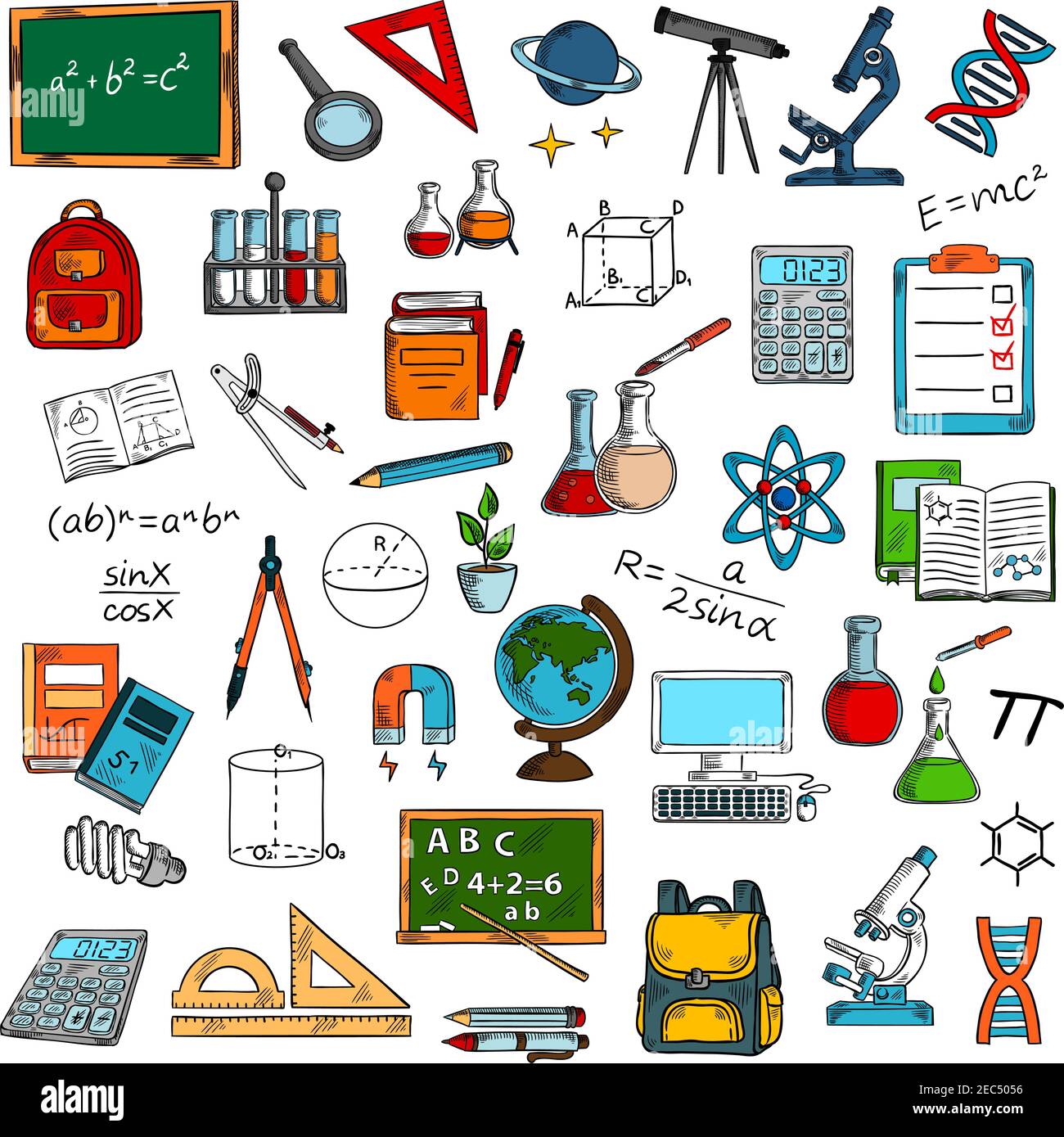 Sketches of school or university, college science equipment for ...