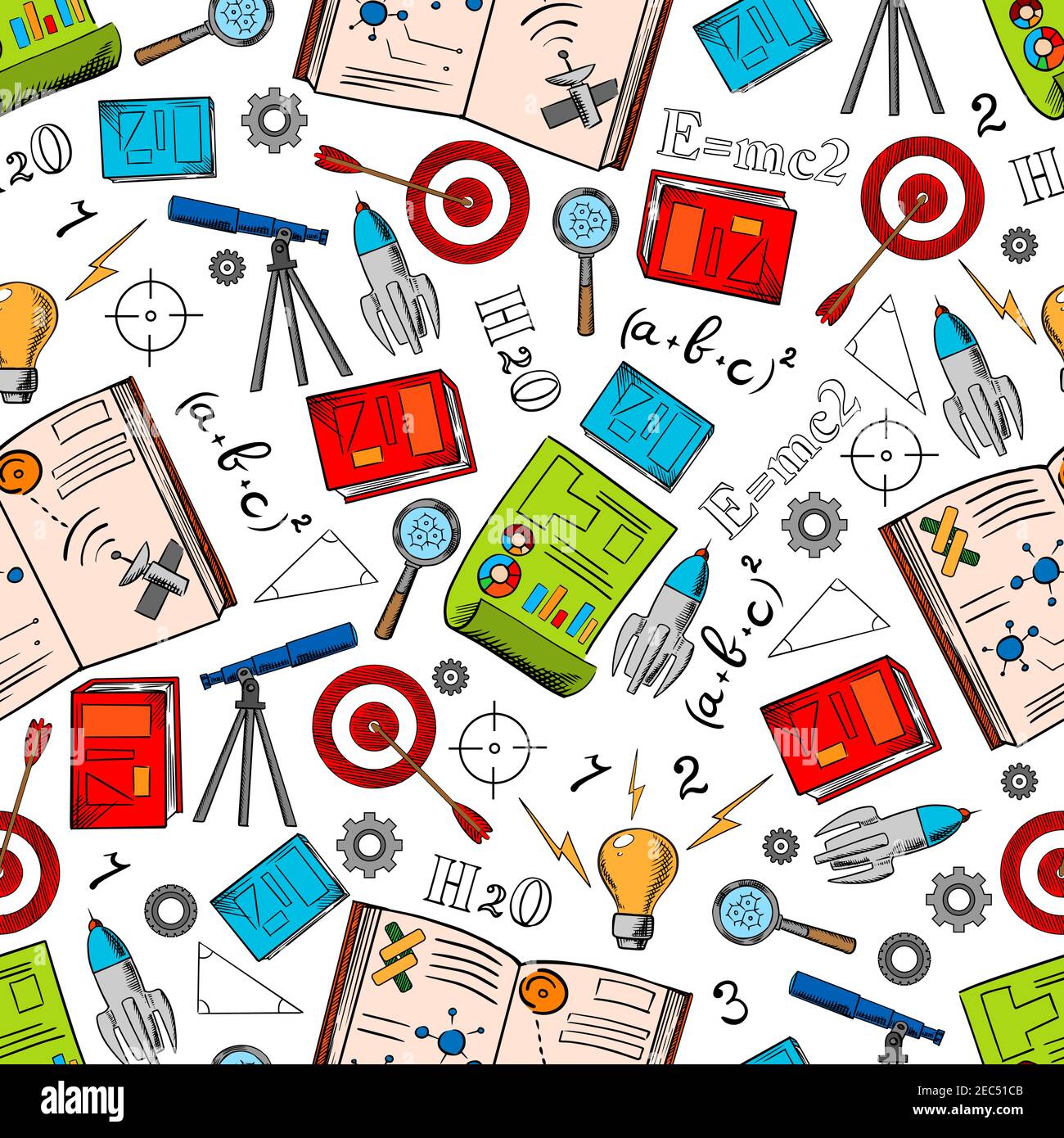 Science background with astronomy and physics schoolbooks, telescopes ...