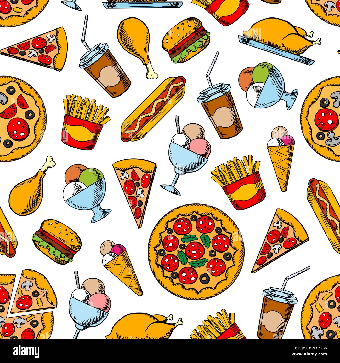 Seamless retro sketches of fast food dishes pattern background with ...