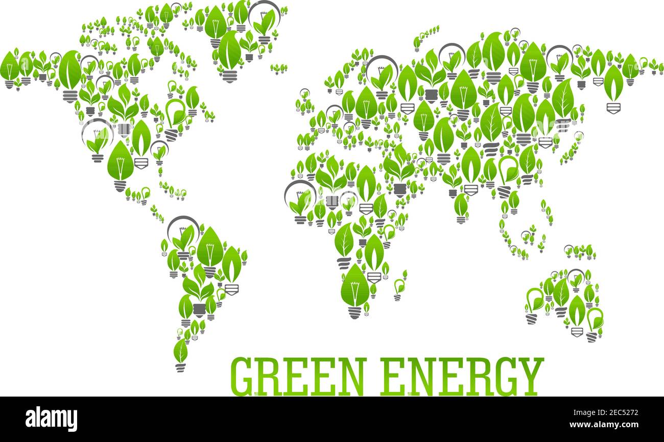 Green energy world map symbol of energy saving light bulbs with leaves ...