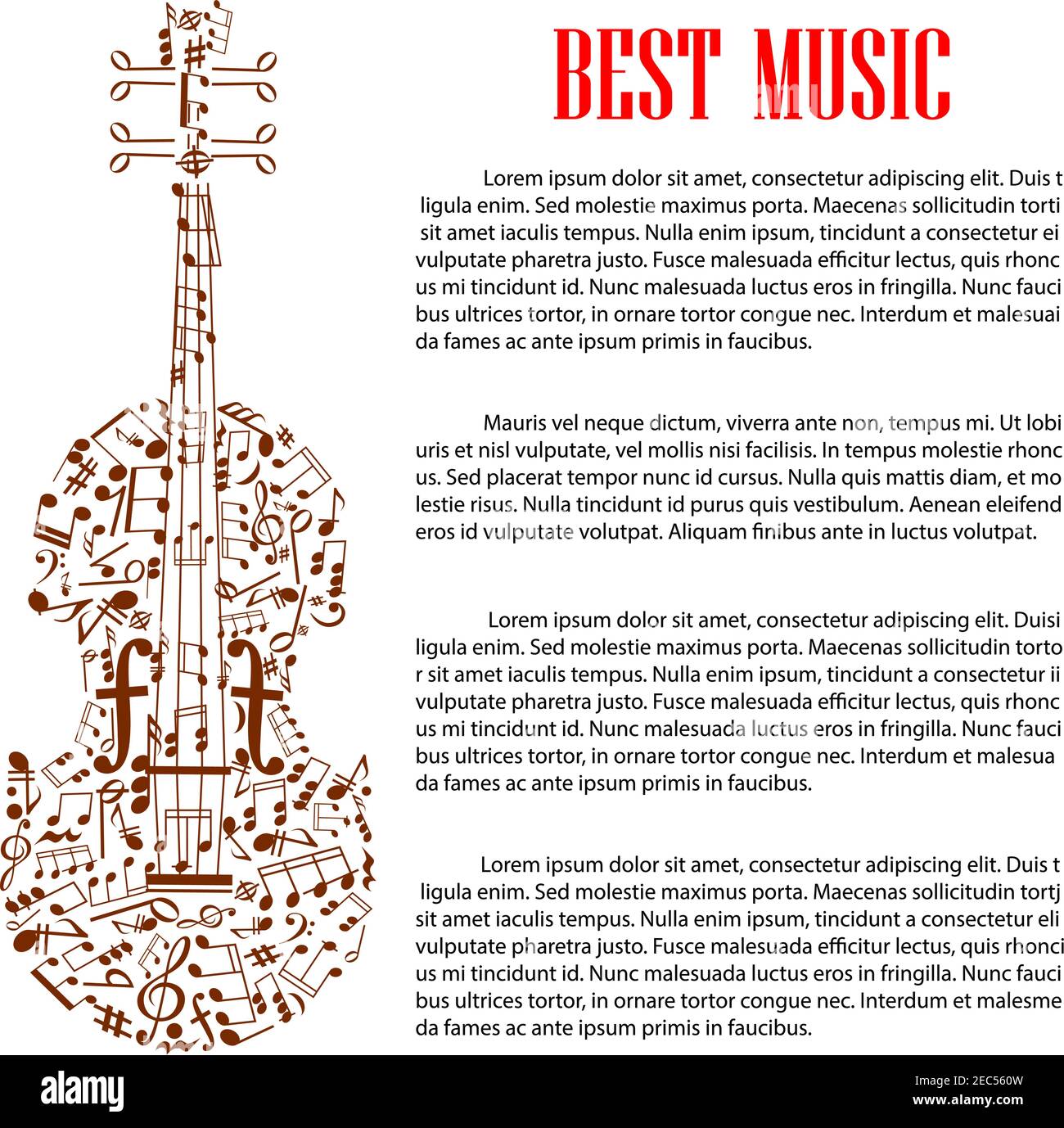 Musical design template with silhouette of violin made up of brown ...