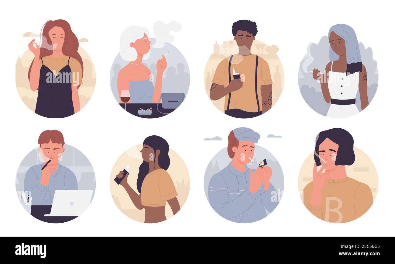 People smoke vector illustration. Cartoon flat young man woman smokers ...
