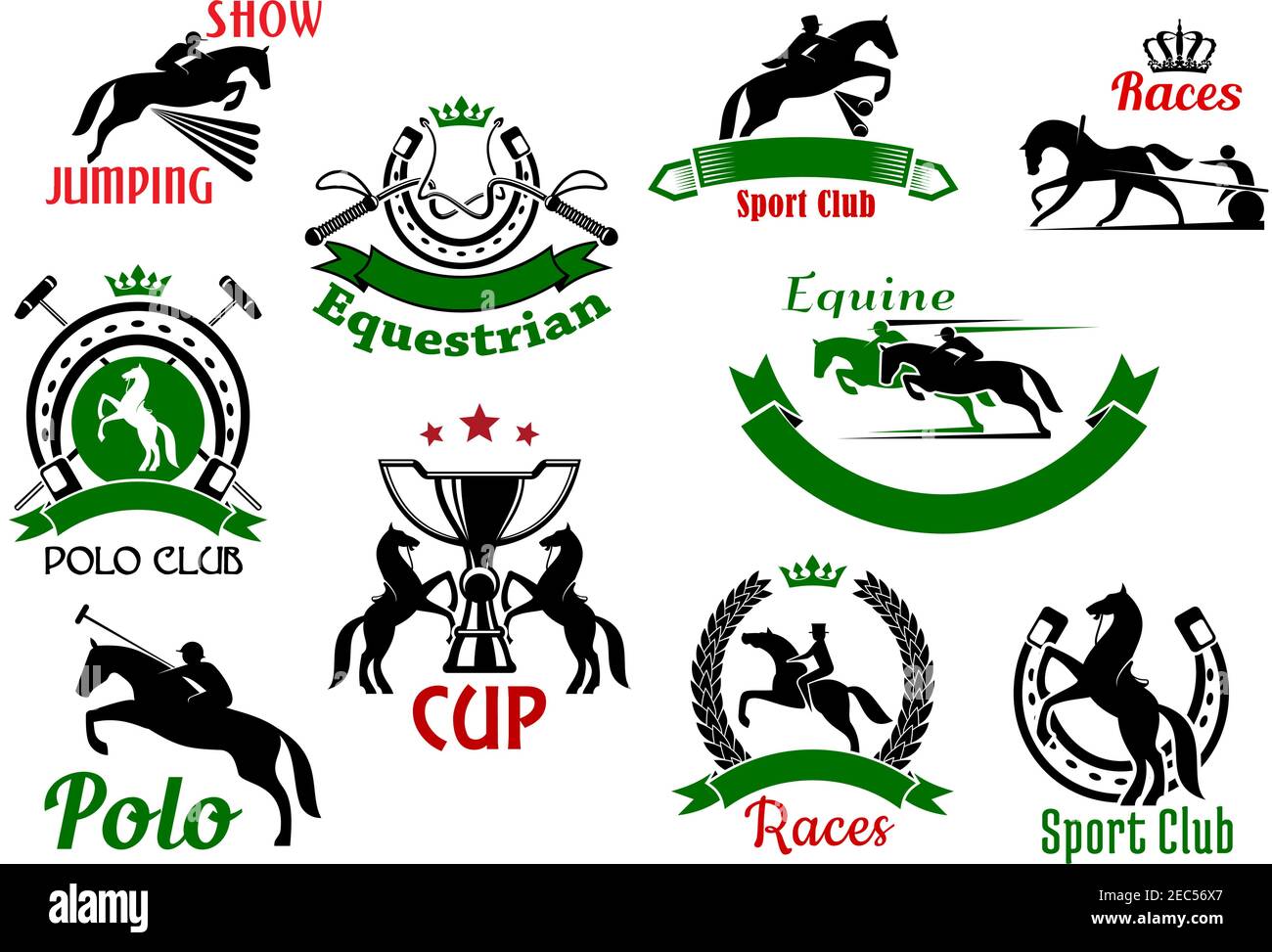Equestrian or horse racing sport icons. Banners and badges of horse and ...