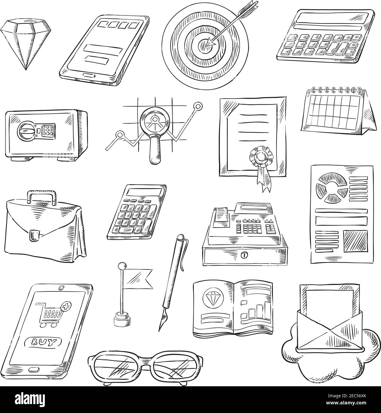 Business sketch icons of calculators, financial graph and report, safe ...