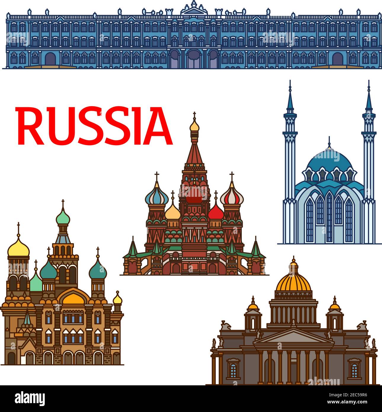 Famous travel landmarks of Russia linear icon of ornamental orthodox ...