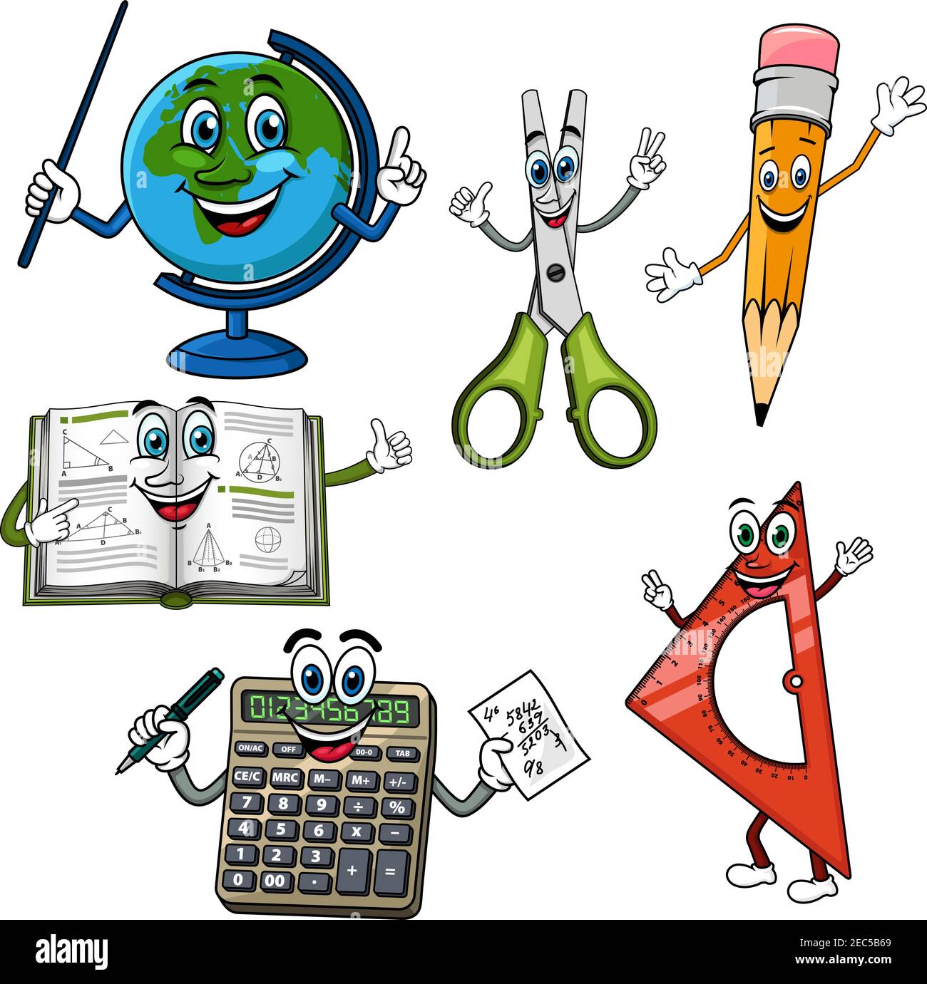 Cartoon book giving thumb up, globe with pointer, calculator with pen ...