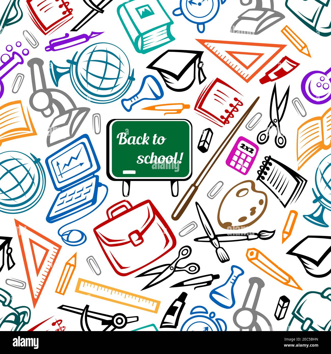Back to school seamless pattern with pens, pencils, books, blackboards ...