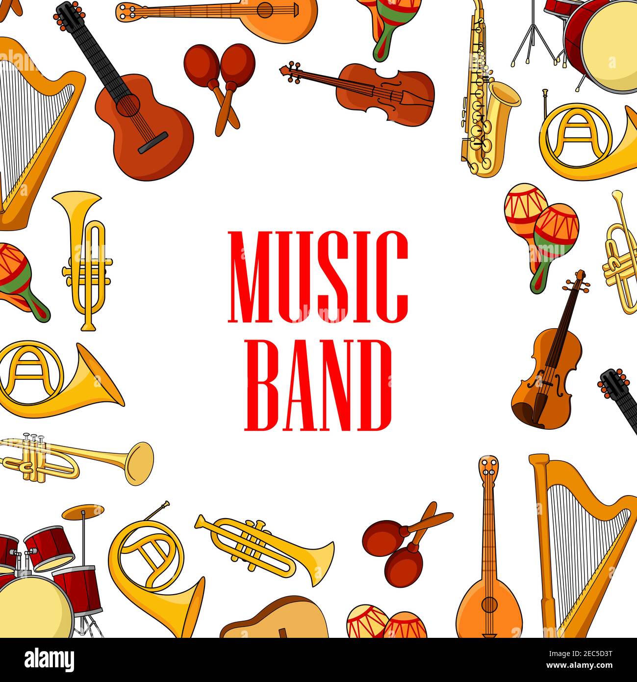 Musical instruments banner with acoustic guitars, drums and saxophones ...