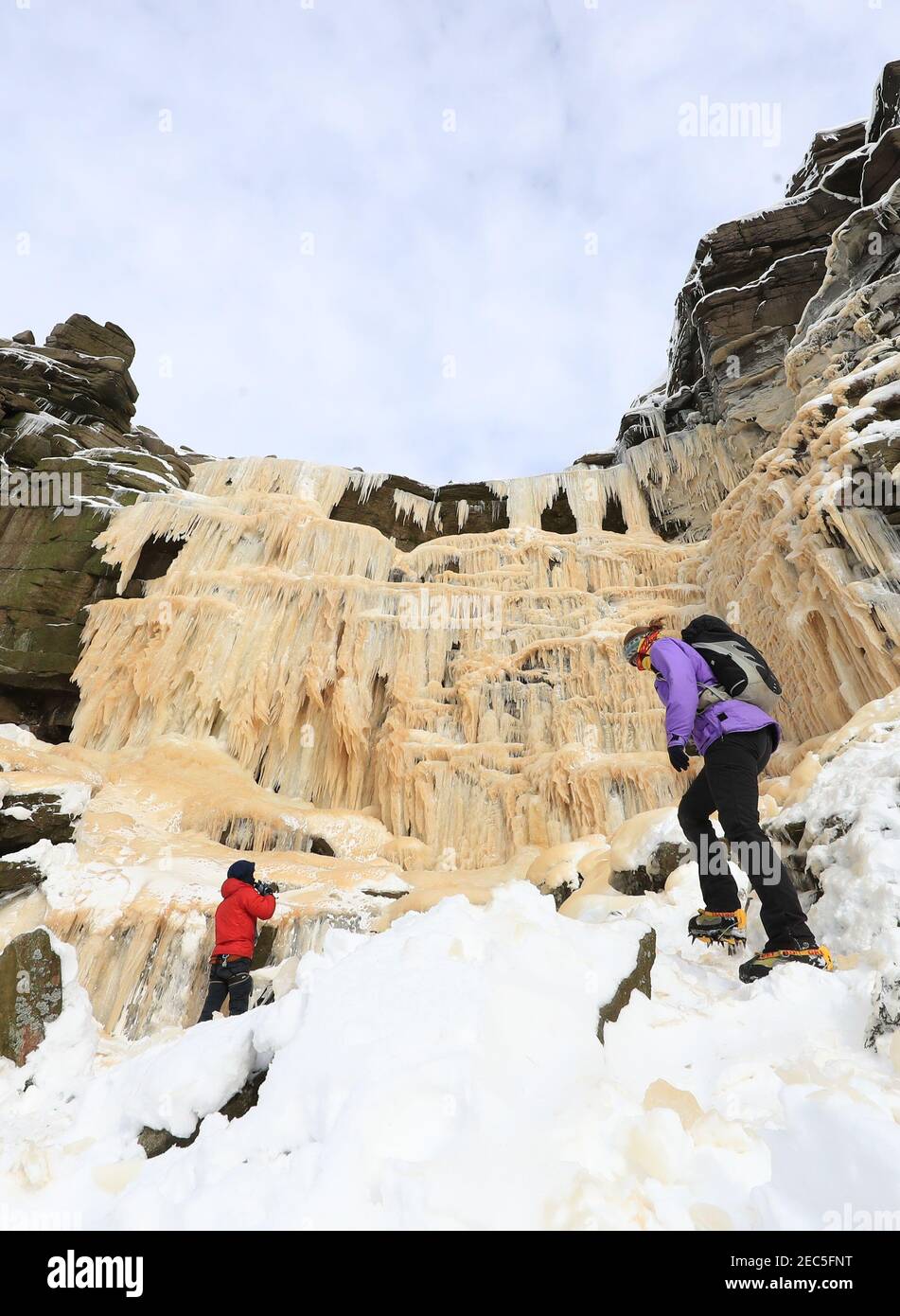 People ice climb on the frozen Kinder Downfall, High Peak in Derbyshire ...