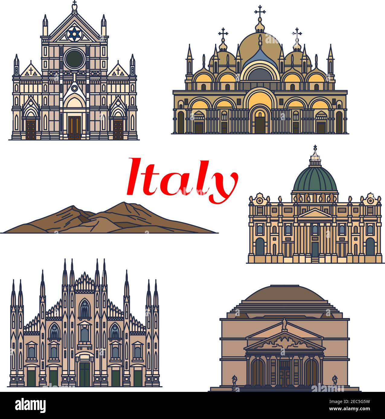 Historic sightseeings and buildings of Italy. Vector detailed icons of ...