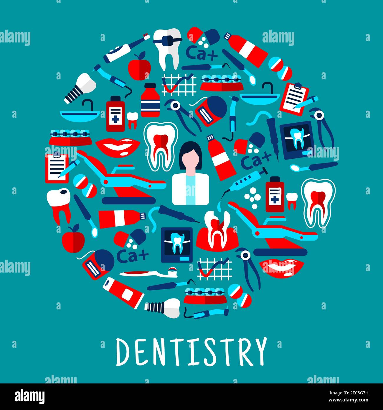 Dentistry and dental care round symbol with flat icons of dentist with ...