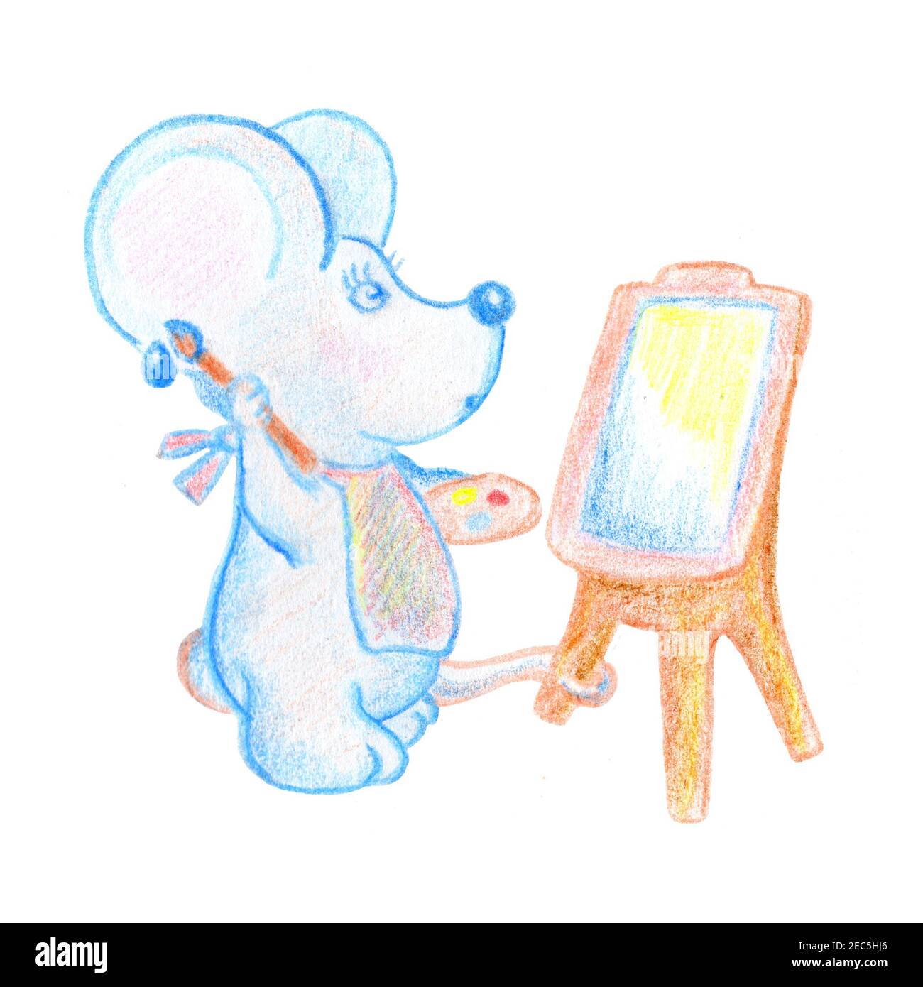 Cute mouse with easel and brush hand-drawn illustration. School lesson ...