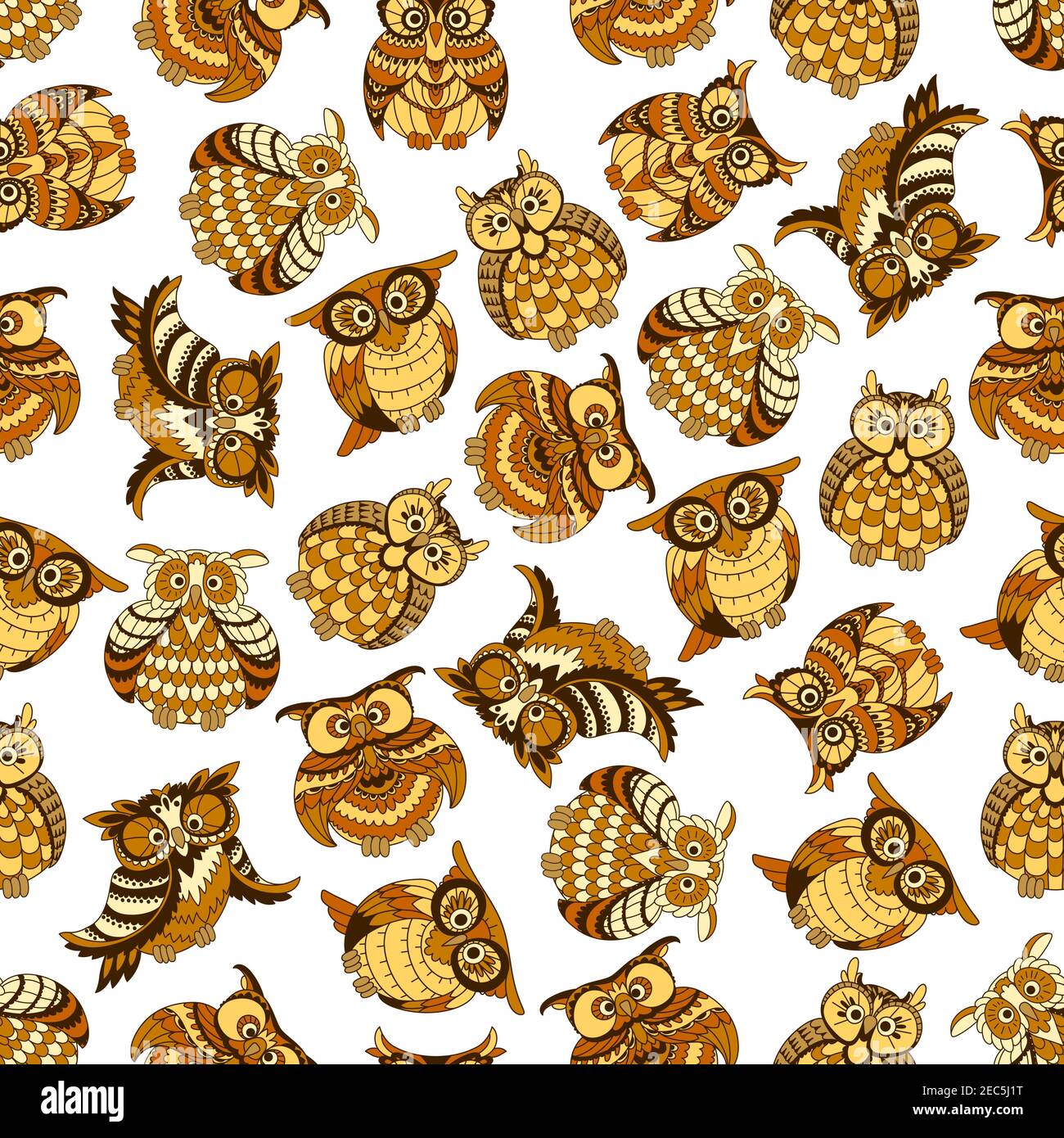 Owl and owlet seamless pattern with yellow and brown forest birds on ...