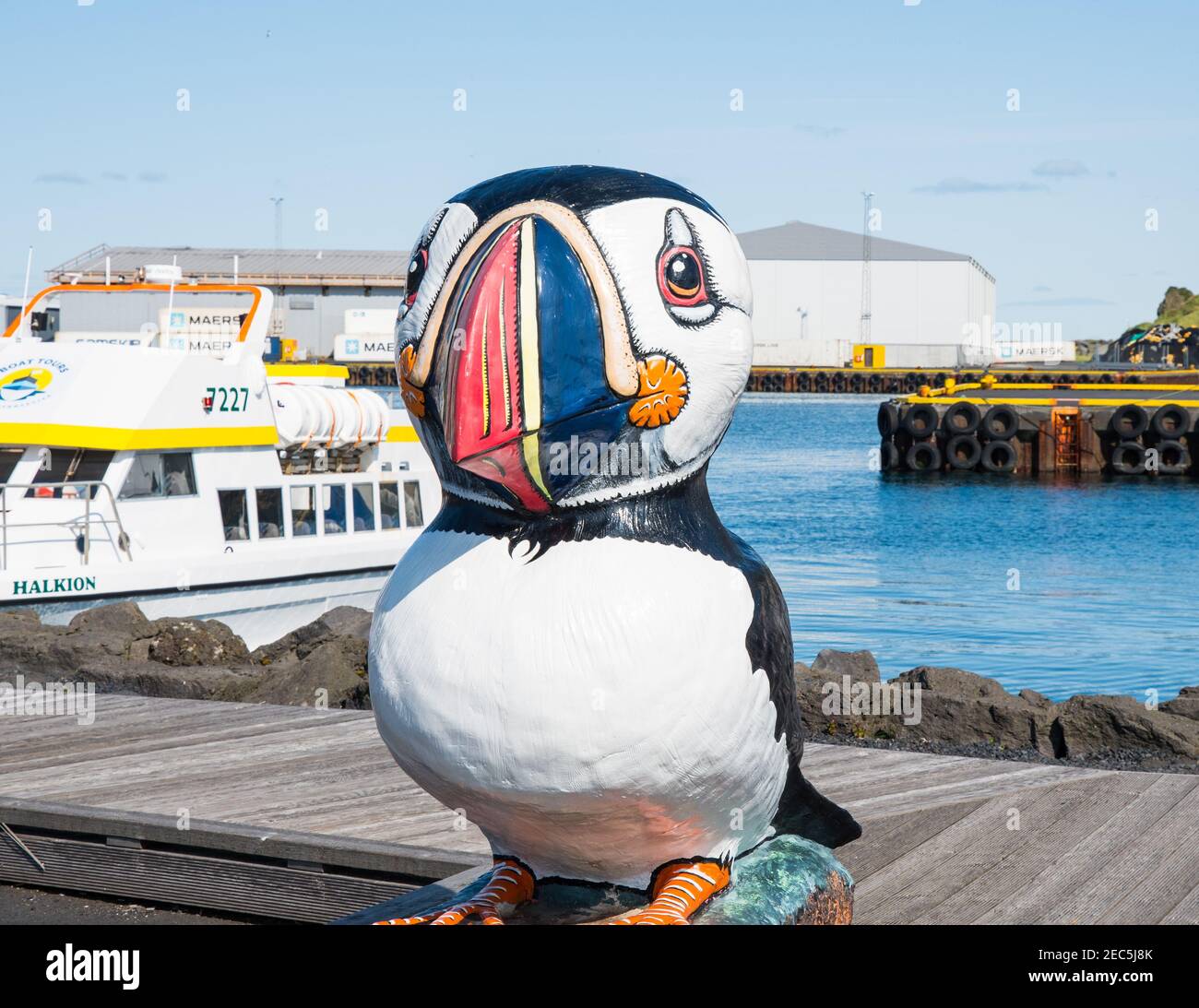 Vestmannaeyjar Iceland - August 9. 2019: Statue of Puffin in the port ...