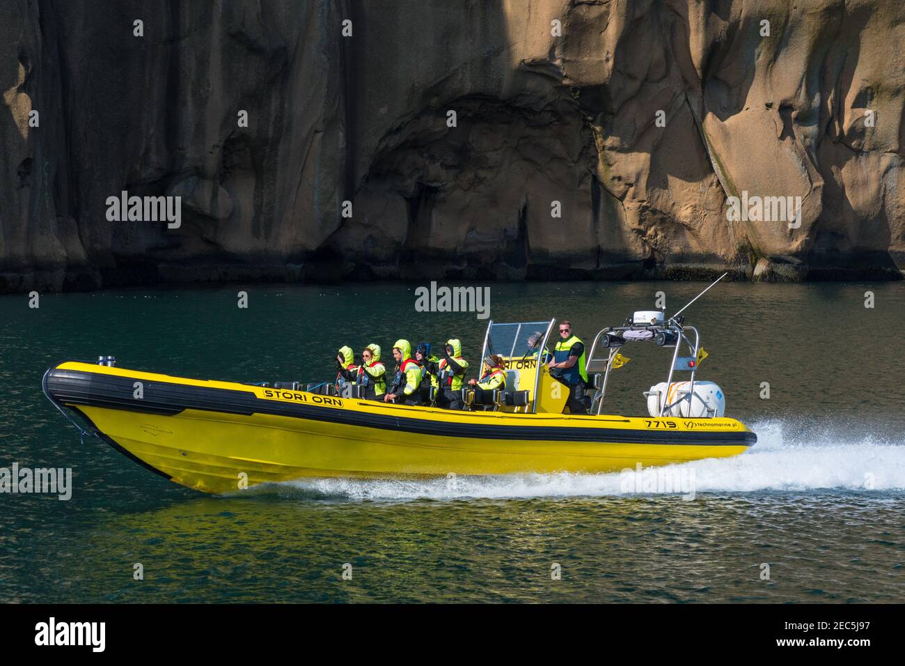 Vestmannaeyjar Iceland - August 9. 2019: Rib safari boat sailing in the ...
