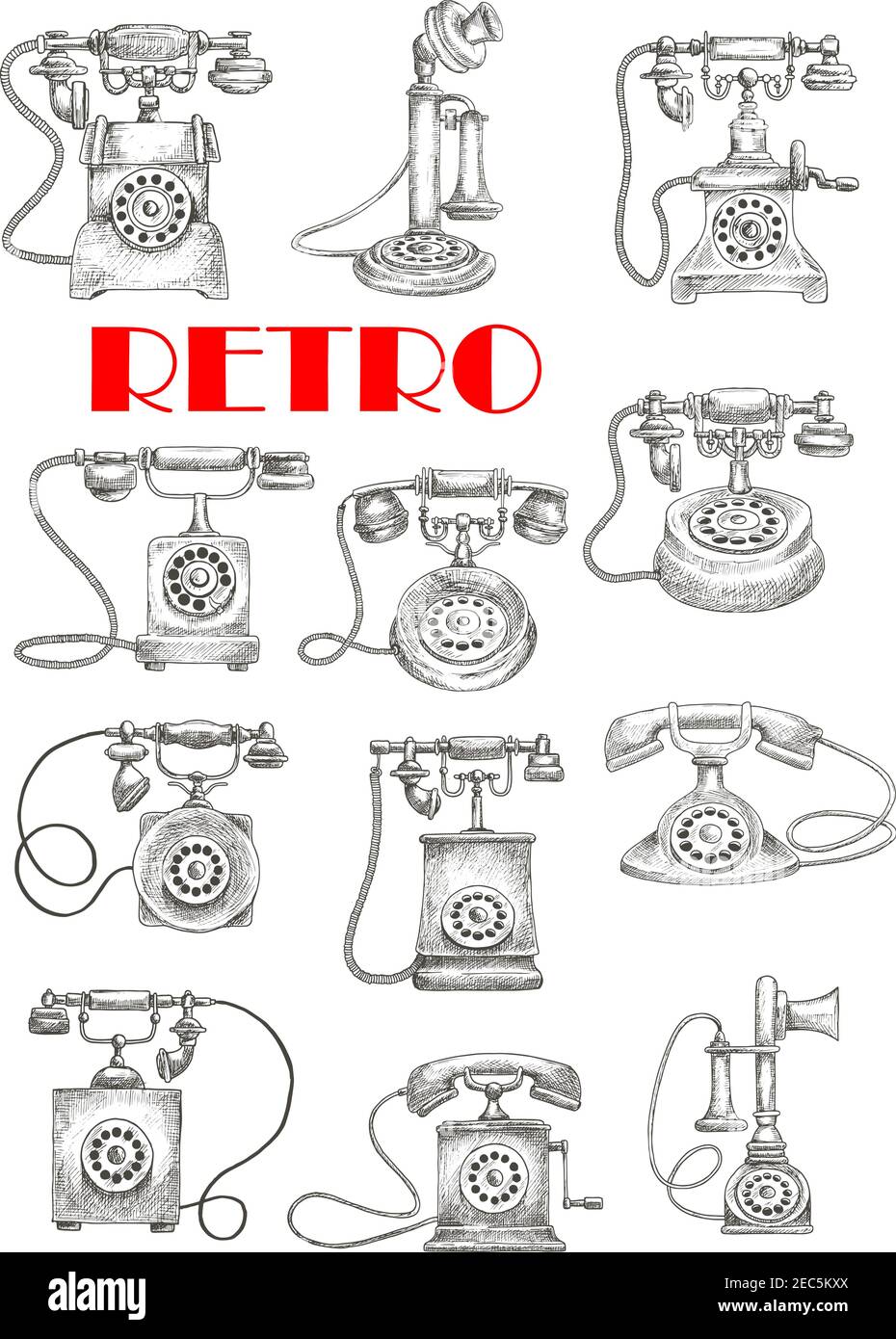 Engraving stylized vintage landline telephones sketches with ...