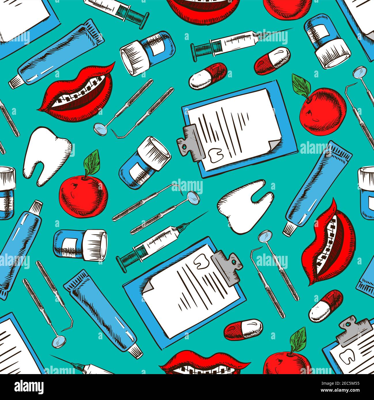 Seamless dentistry and dental care pattern of sketched teeth, pills ...