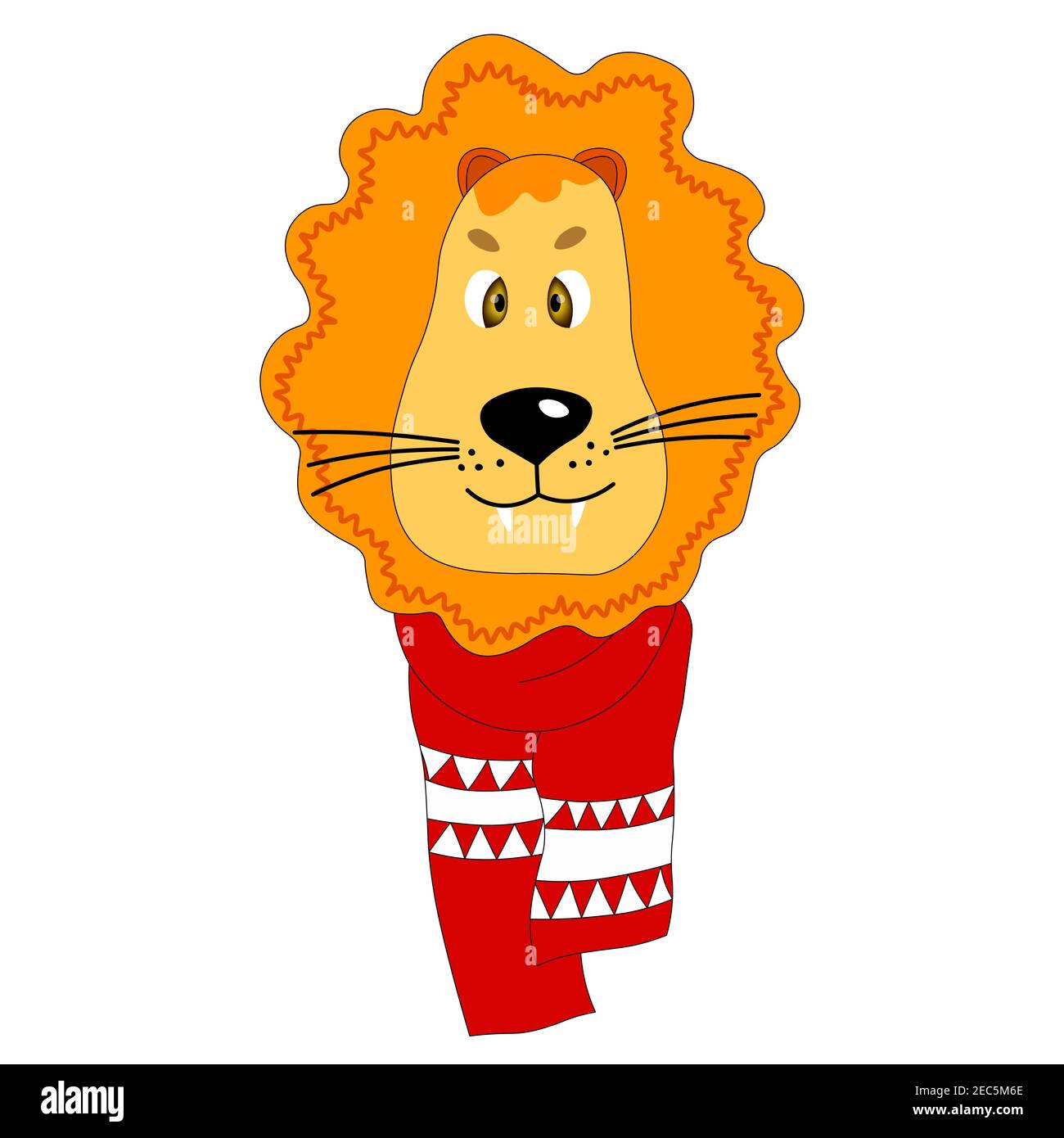 Colorful cute vector lion face in a winter scarf. One object on a white ...