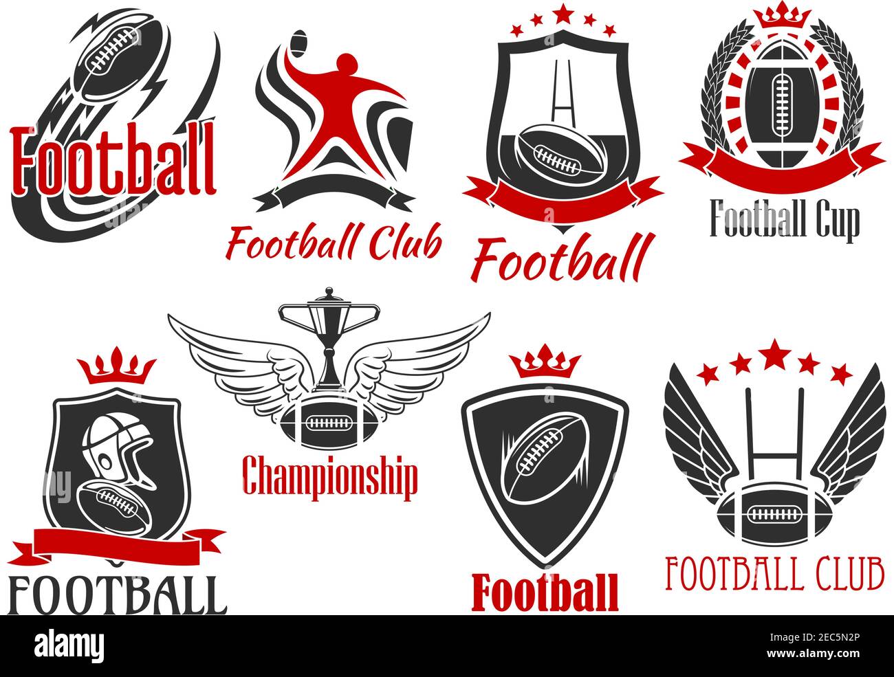 American football and rugby sporting badges of balls, player, trophy ...
